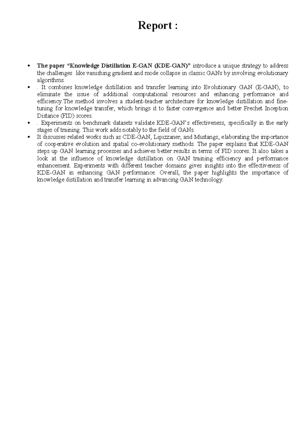 Report DIP - Report : The paper “Knowledge Distillation E-GAN (KDE-GAN ...