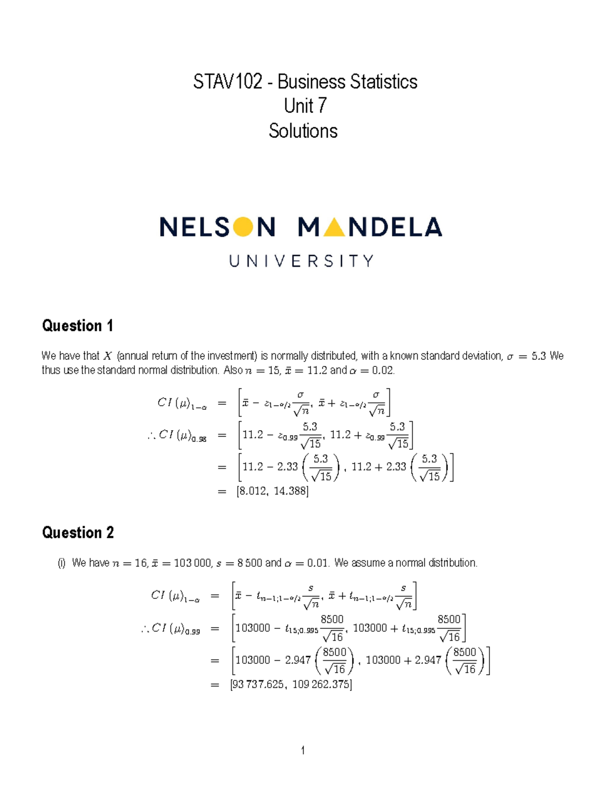 STAV102 Unit7 Solutions - STAV102 Business Statistics Unit 7 Solutions ...
