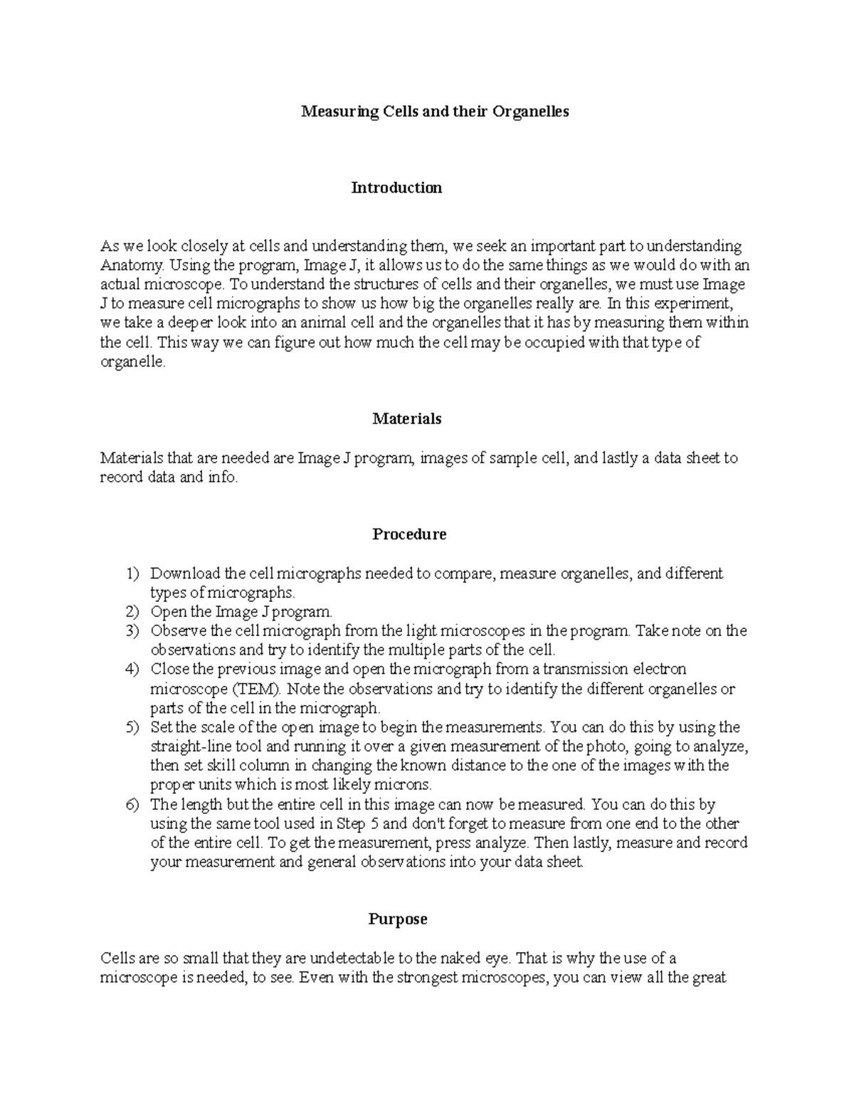 Measuring Cells and their Organelles - Measuring Cells and their Organelles Introduction As we ...