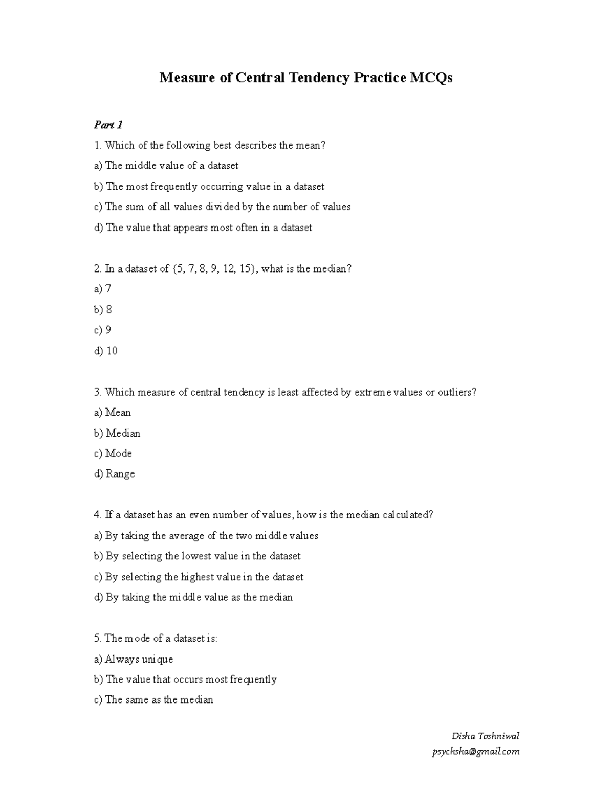 Measure of Central Tendency Practice MCQs - Disha Toshniwal Measure of ...