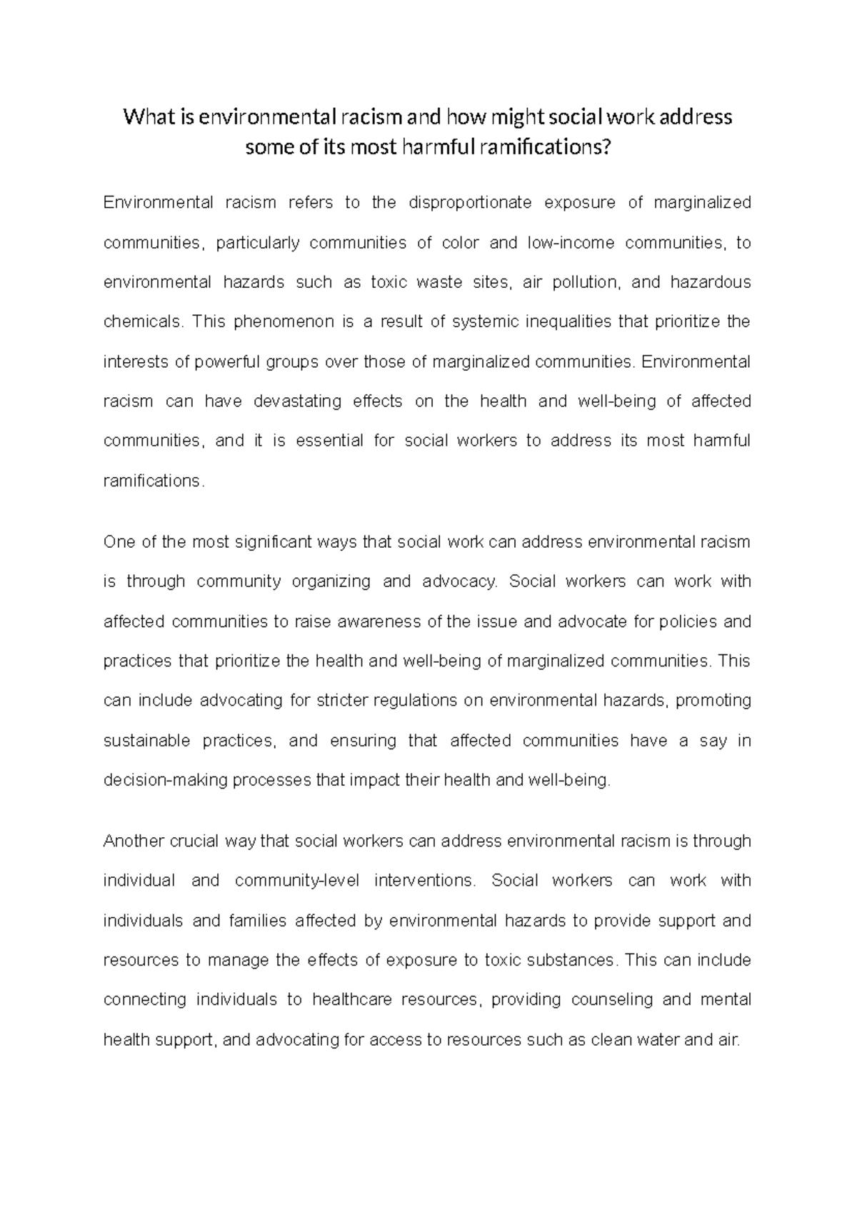 What is environmental racism and how might social work address some of ...