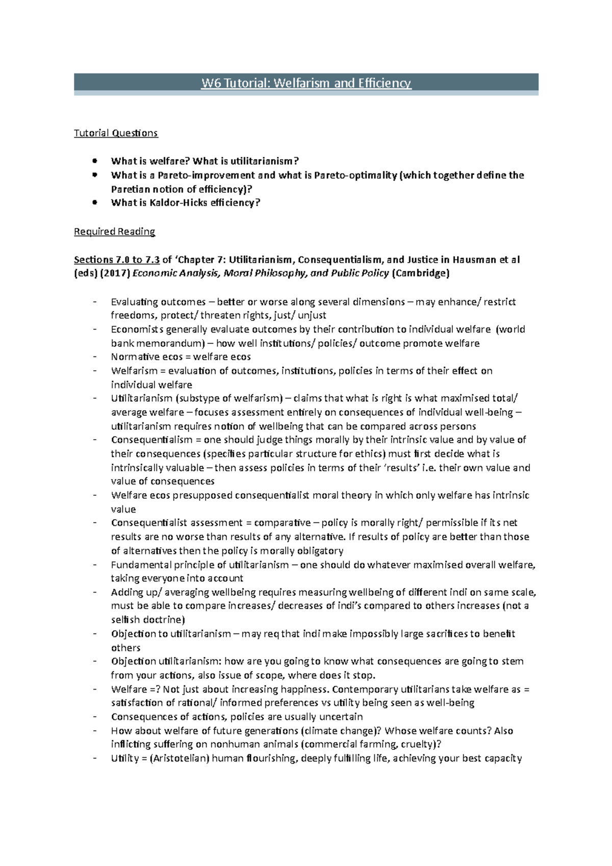 Wk 6 - tutorial notes - W6 Tutorial: Welfarism and Efficiency Tutorial ...