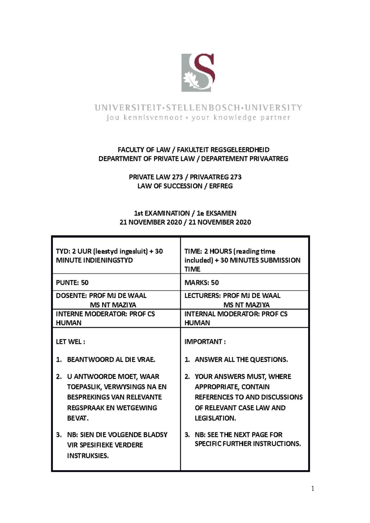 Succession first op 2020 - FACULTY OF LAW / FAKULTEIT REGSGELEERDHEID ...