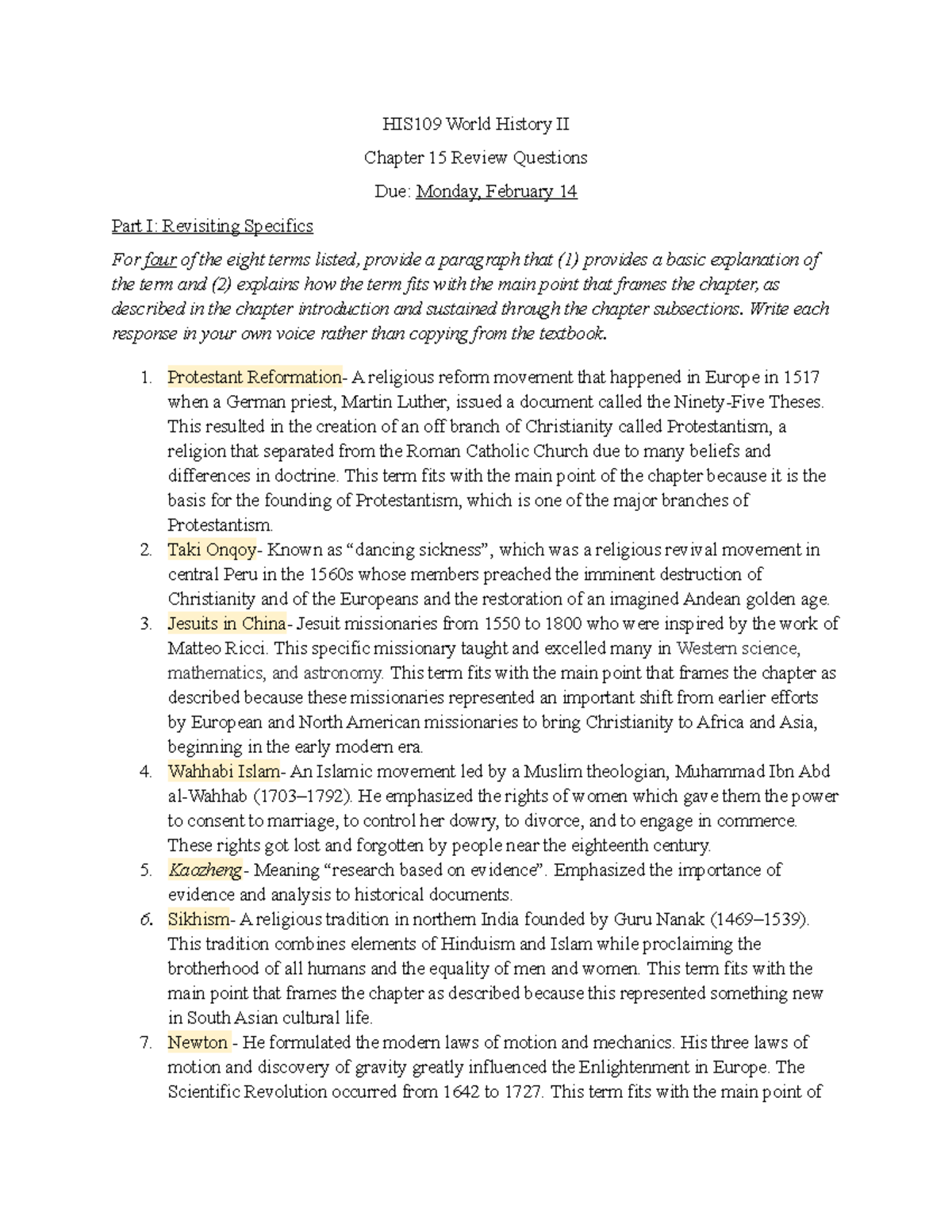 Assignment for Questions - HIS109 World History II Chapter 15 Review ...