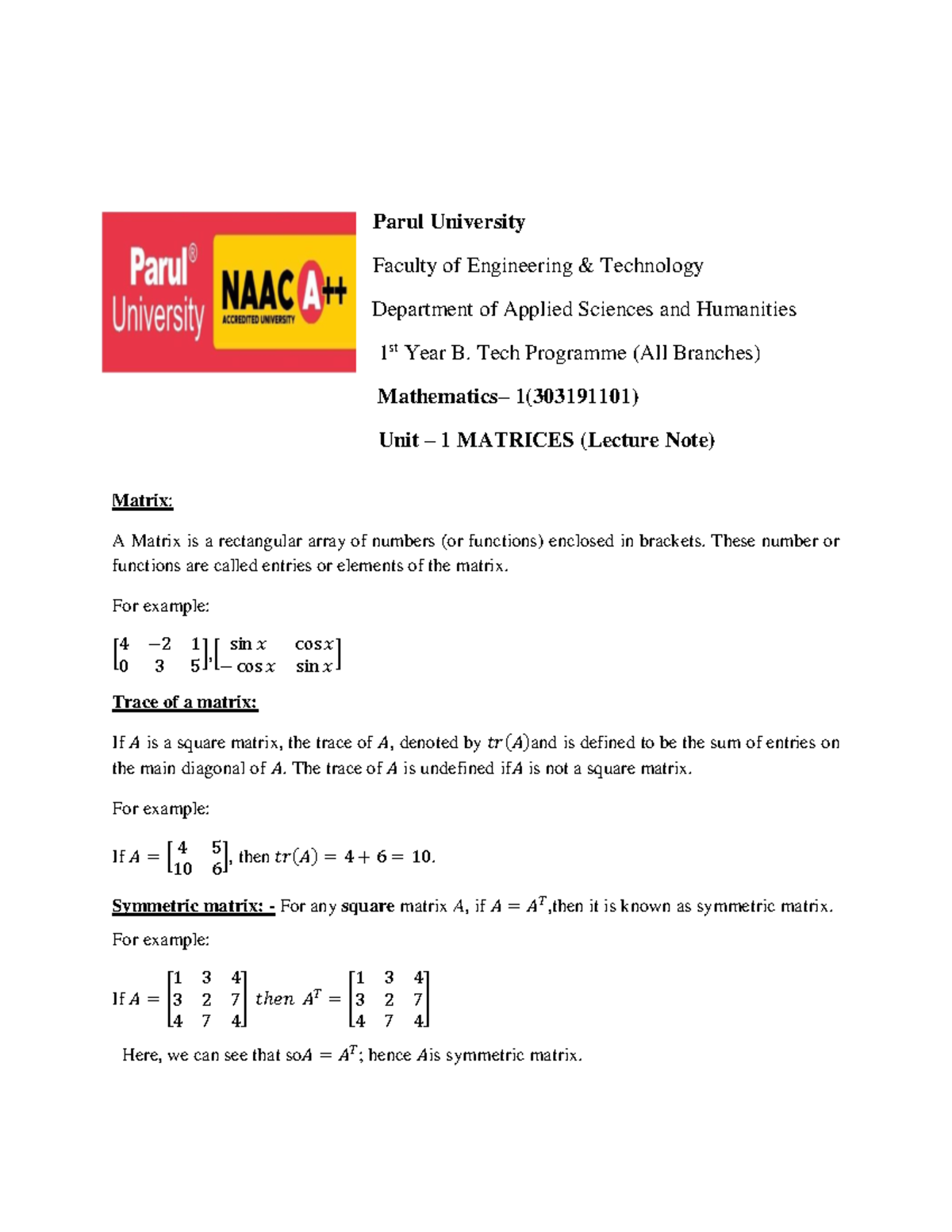 Unit-3 Matrices - Parul University Faculty of Engineering & Technology Department of Applied ...