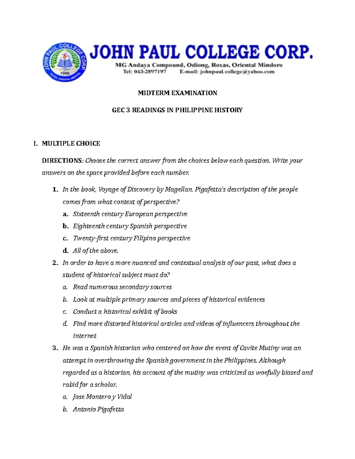 GEC 3 Midterm Examination - MIDTERM EXAMINATION GEC 3 READINGS IN ...