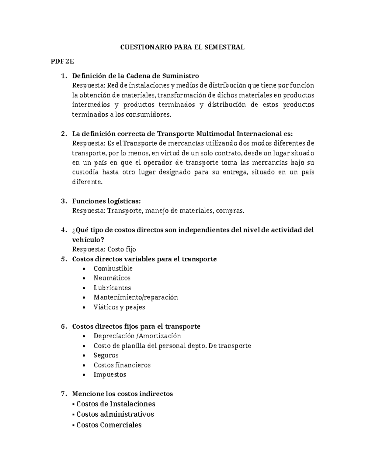 Cuestionario PARA EL Semestral DE Transporte - CUESTIONARIO PARA EL ...