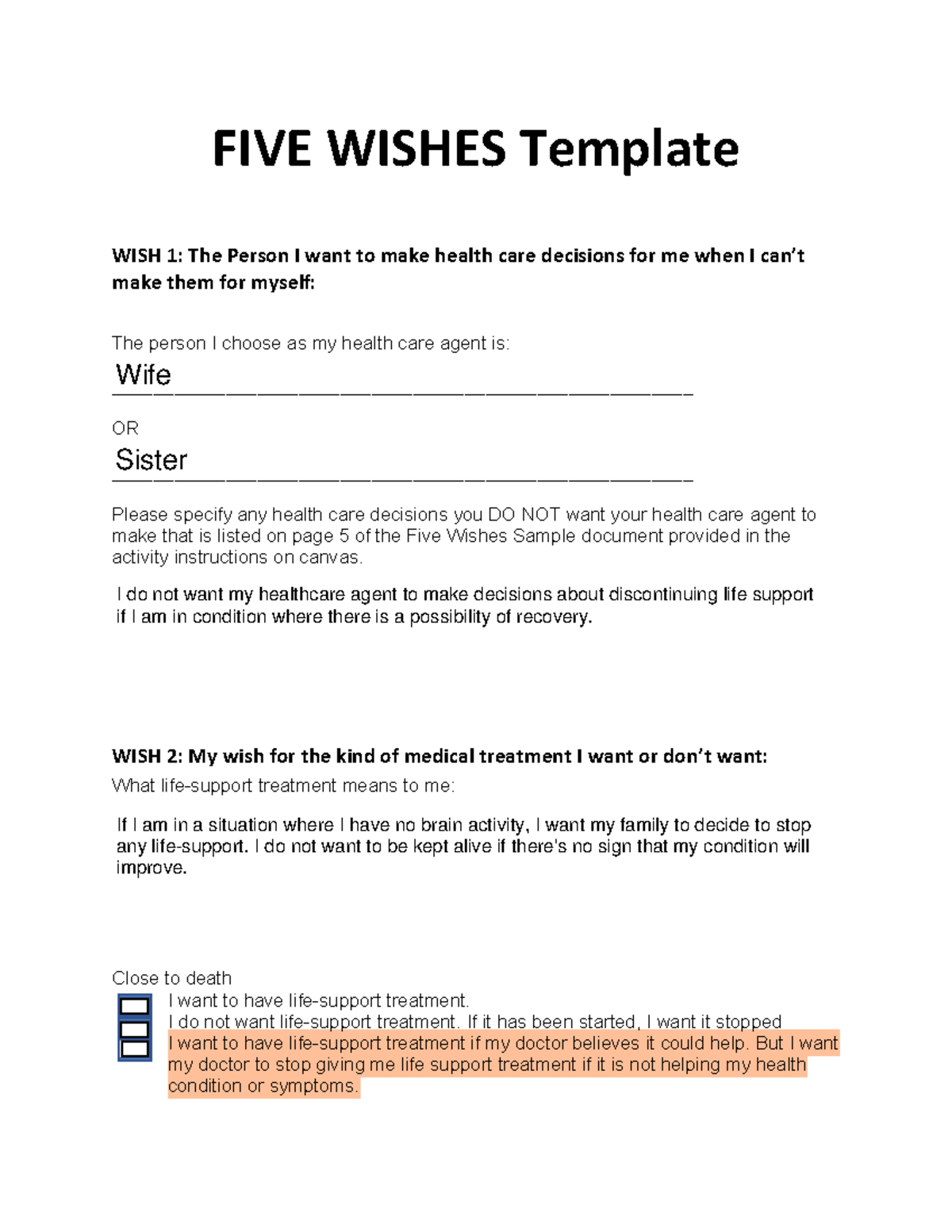 Five Wishes complete - FIVE WISHES Template WISH 1: The Person I want ...