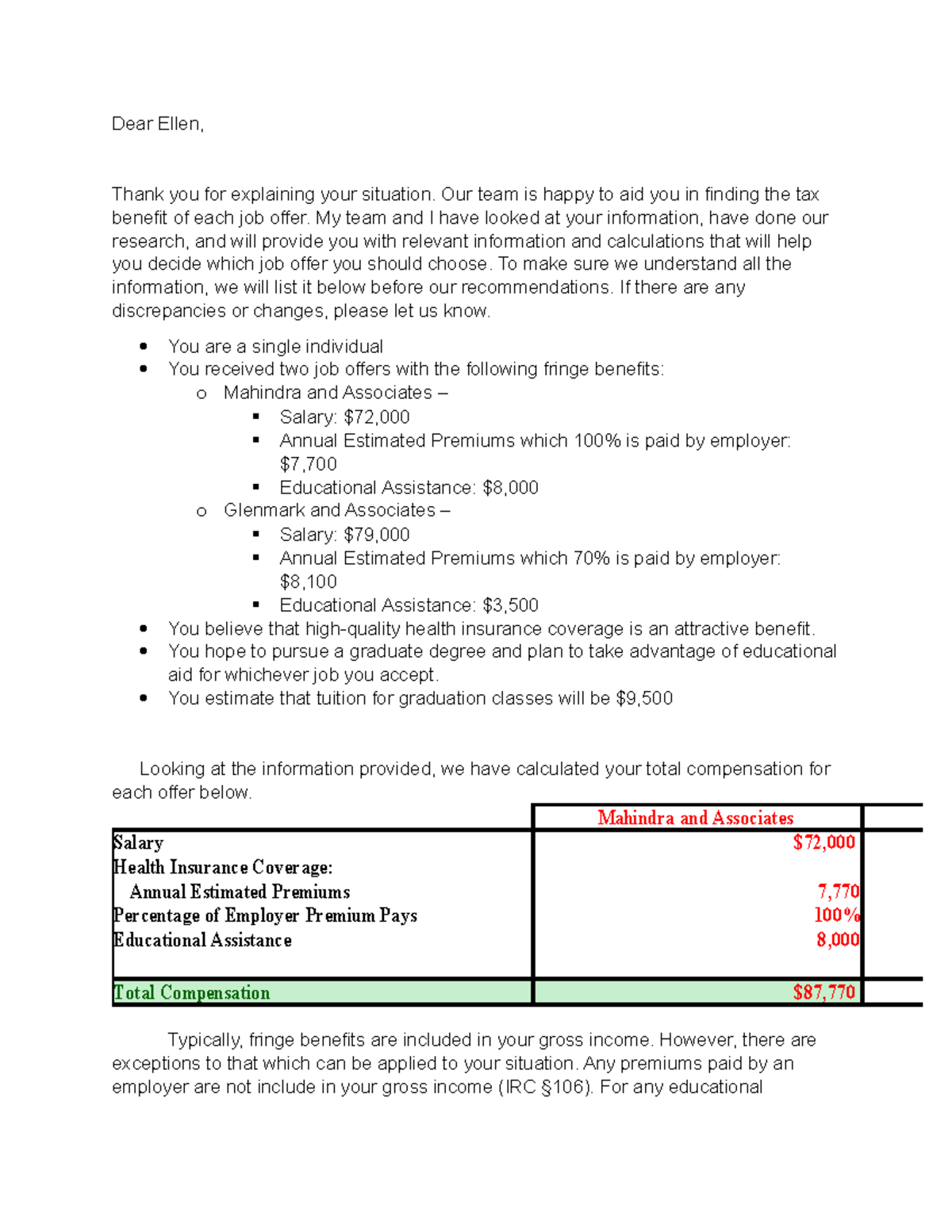 Case Study - 4-59 - Dear Ellen, Thank you for explaining your situation ...