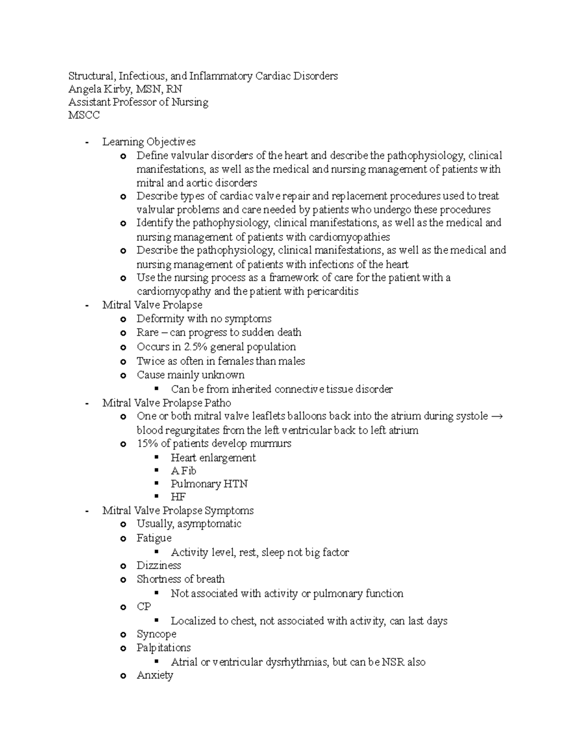 4 pp outline - Nursing Cardiac - Structural, Infectious, and ...