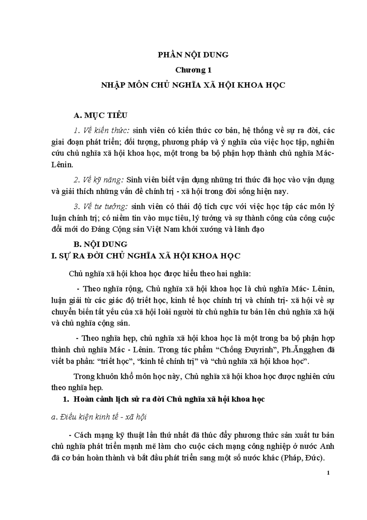 Giáo trình CHU NGHIA XA HOI KHOA HOC - PHẦN NỘI DUNG Chương 1 NHẬP MÔN CHỦ NGHĨA XÃ HỘI KHOA HỌC ...