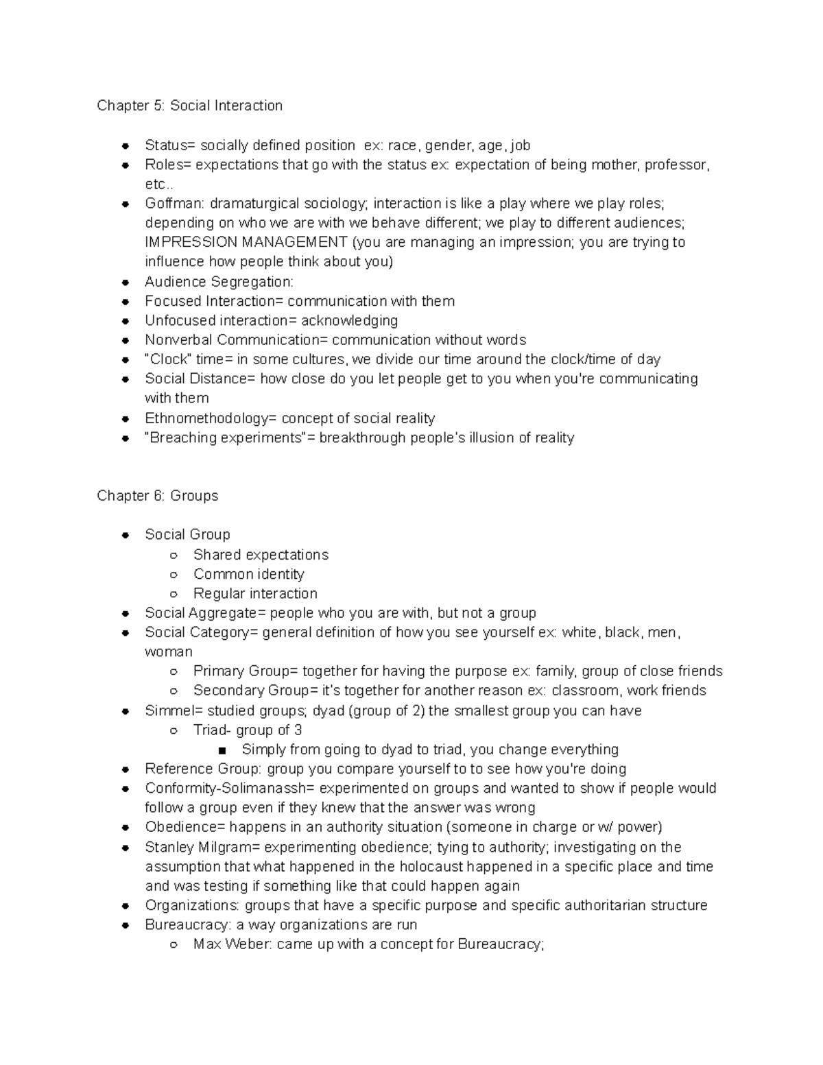 Sociology Chapter 5 & 6 Class Notes - Chapter 5: Social Interaction ...