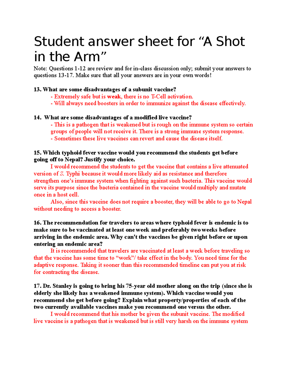 Student answer sheet for a shot in the arm - Student answer sheet for ...