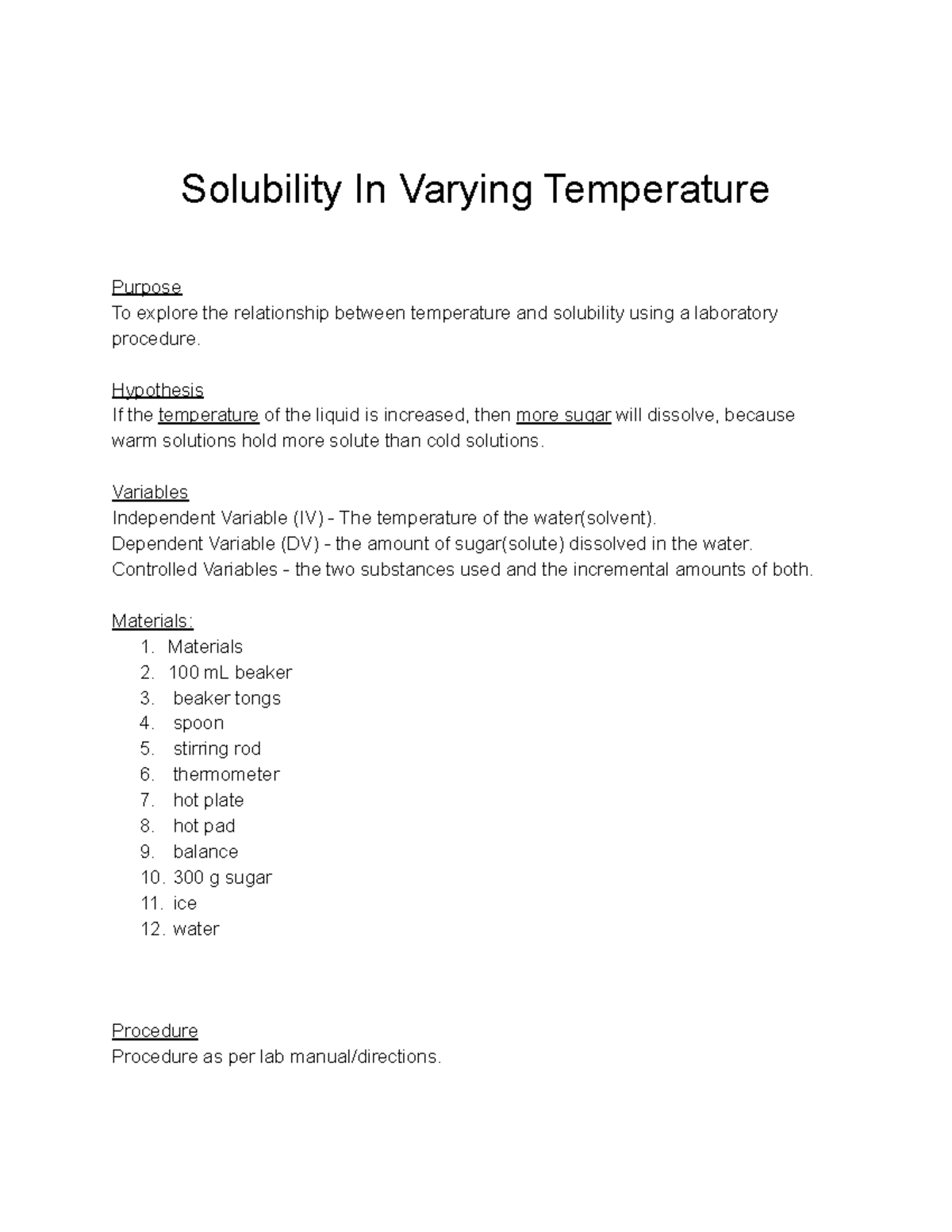 Solubility Lab Report - Solubility In Varying Temperature Purpose To ...