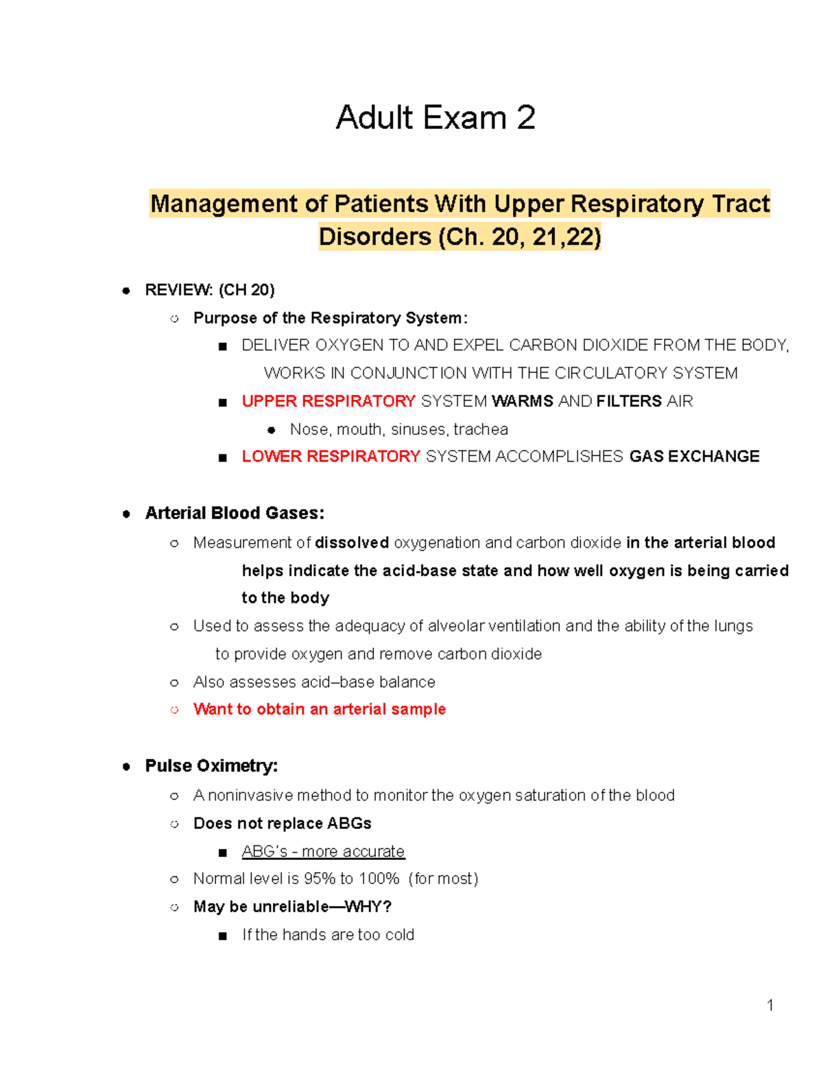 Adult Exam 2 Notes - Adult Exam 2 Management of Patients With Upper ...