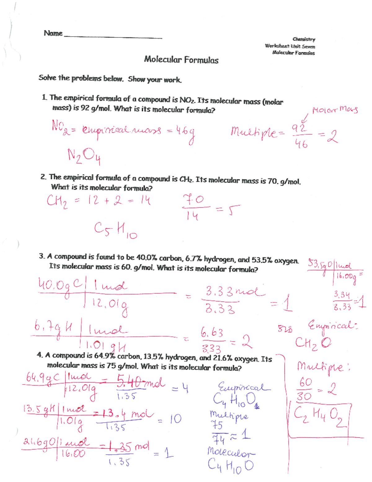 Molecular formulas worksheet - BS in Civil Engineering - Studocu
