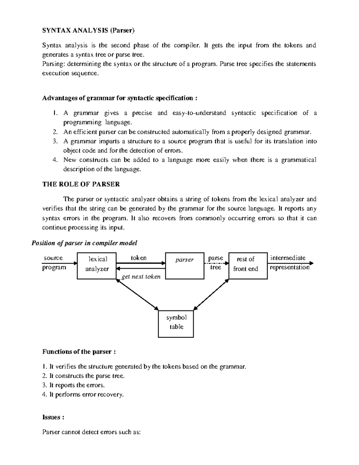 CD Unit 2 - .bwksk - parser lexical analyzer rest of front end SYNTAX ANALYSIS (Parser) Syntax ...