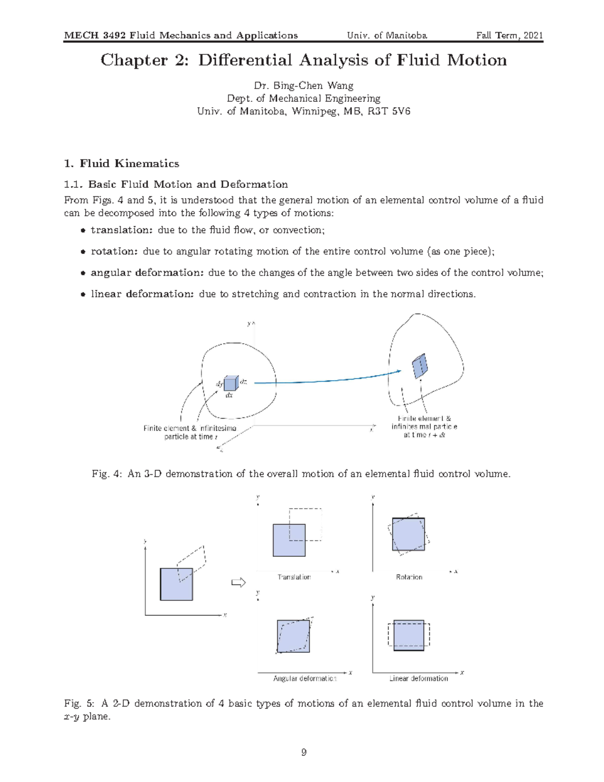 Handout Ch2 - Covers differential fluid motion analysis - MECH 3492 Fluid Mechanics and ...
