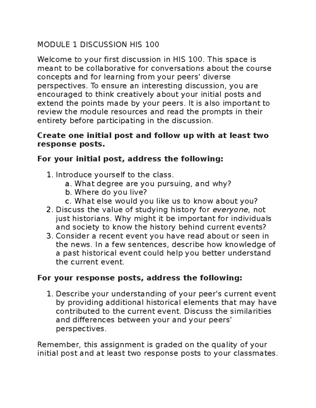 Module 1 Discussion HIS 100 - MODULE 1 DISCUSSION HIS 100 Welcome to ...