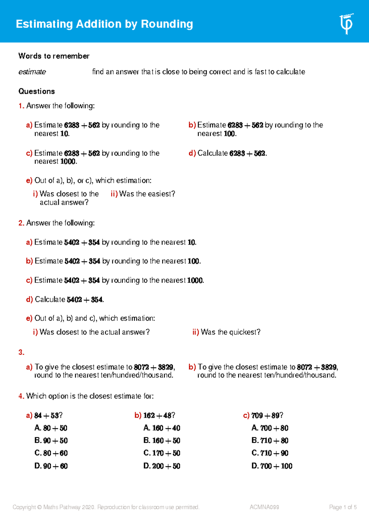 Estimating Addition by Rounding - Words to remember estimate find an ...