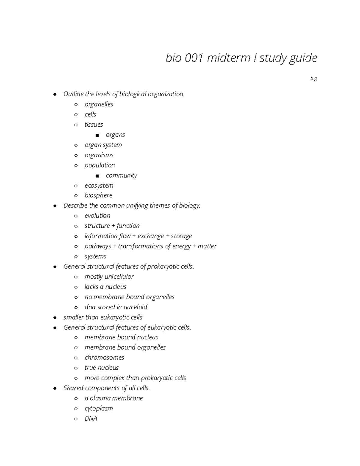 bio 001 midterm 1 study guide - bio 001 midterm I study guide b. Outline the levels of ...