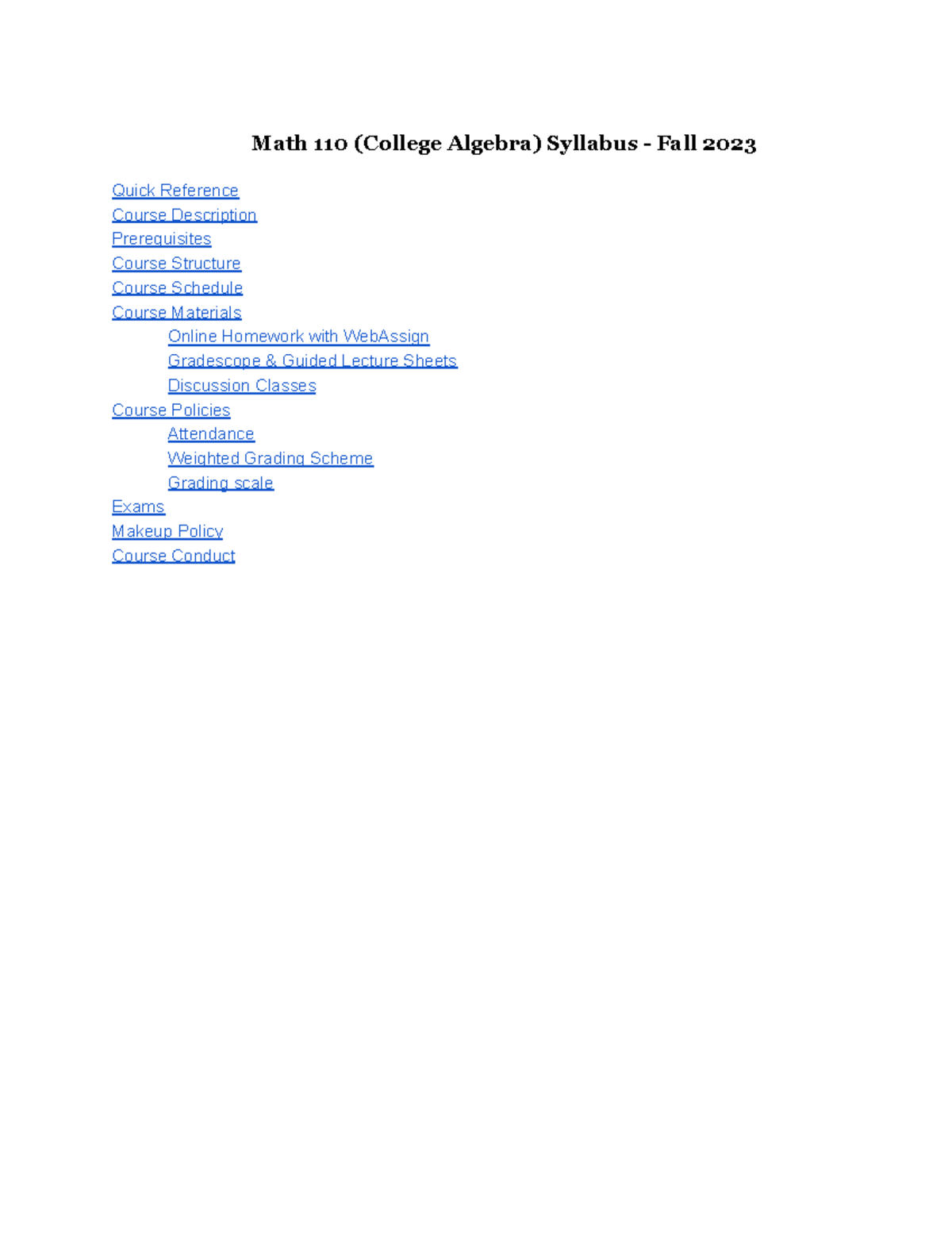 MATH 110 Fall 2023 Syllabus - Math 110 (College Algebra) Syllabus ...