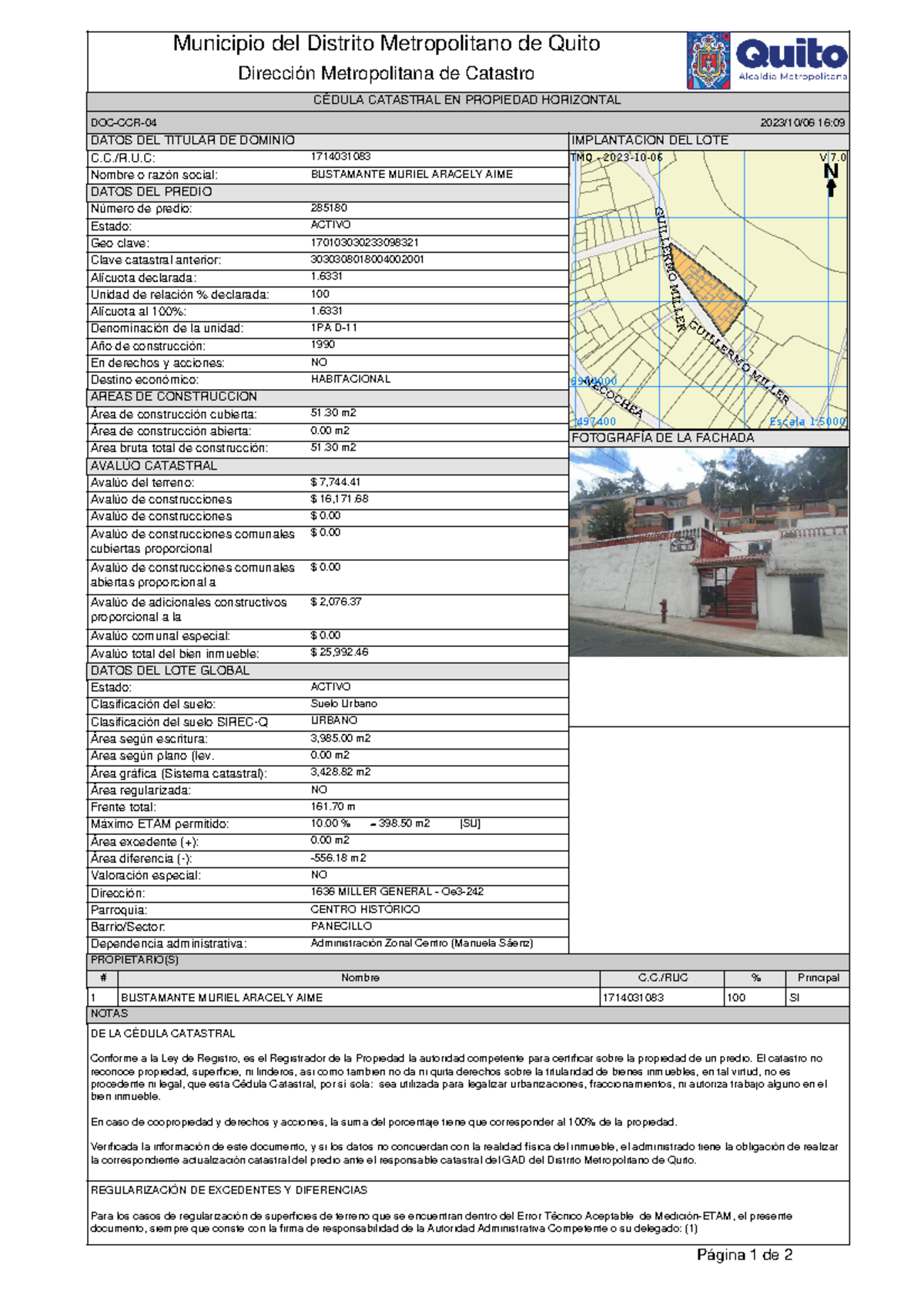 Cedula Catastral 285180 - Municipio del Distrito Metropolitano de Quito ...