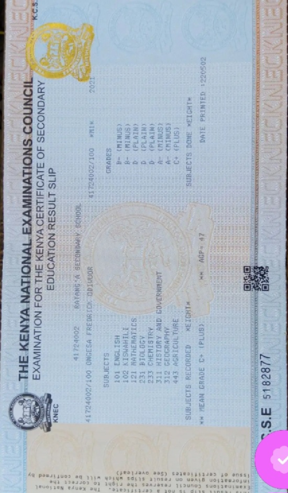 KCSE Results slip - Mechanical engineering technology - Studocu