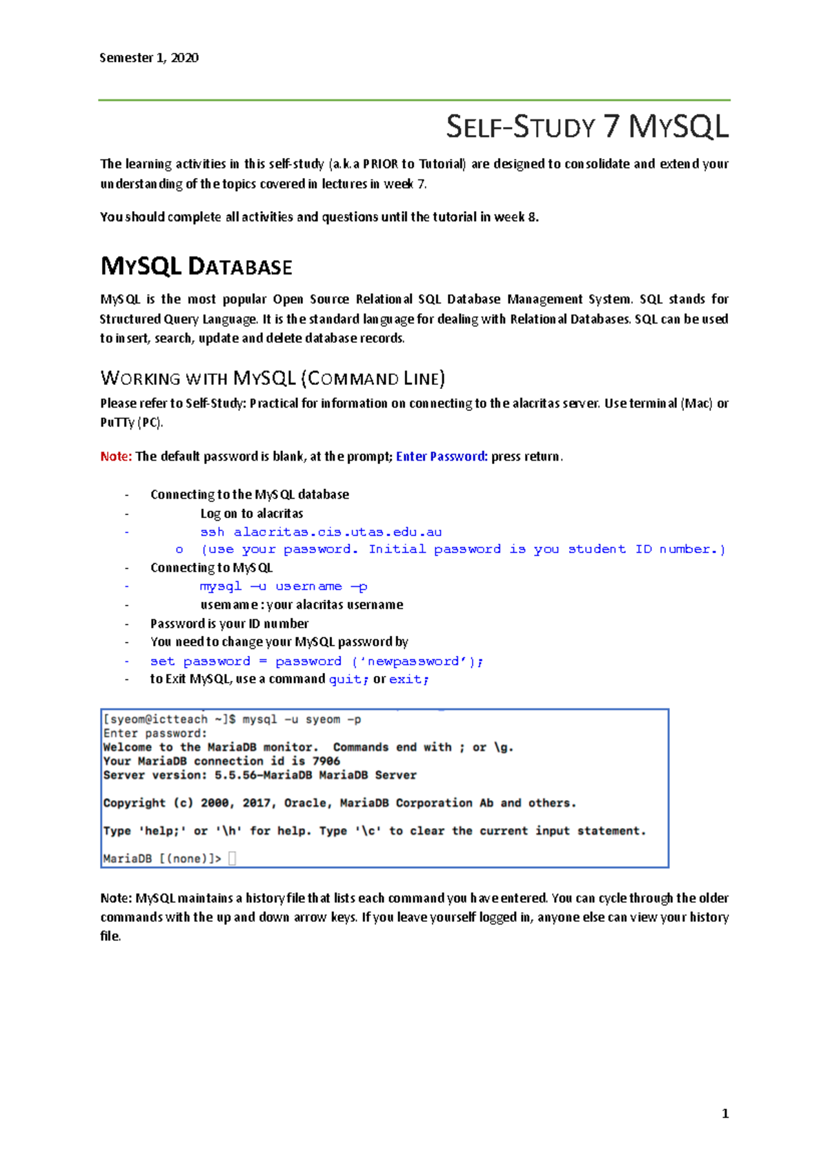 SS7 My SQL - KIT502 - SELF-STUDY 7 MYSQL The learning activities in ...