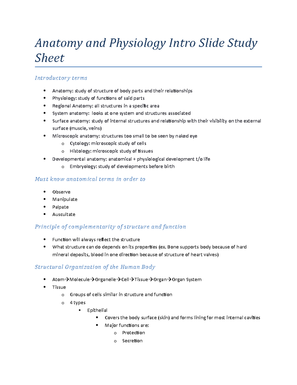Intro Study Sheet - Lecture notes 1-3 - Anatomy and Physiology Intro ...