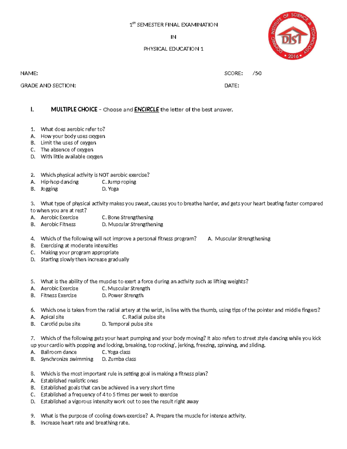 1ST SEM. Final Examination - 1 ST SEMESTER FINAL EXAMINATION IN ...