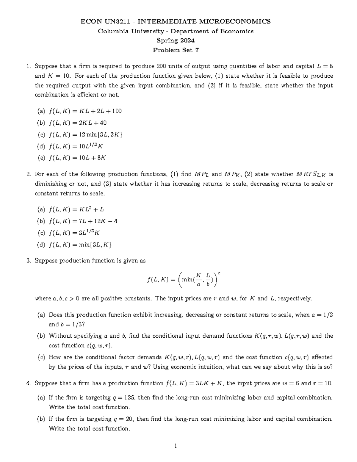 Problem Set 7 - ECON UN3211 - INTERMEDIATE MICROECONOMICS Columbia University - Department of ...