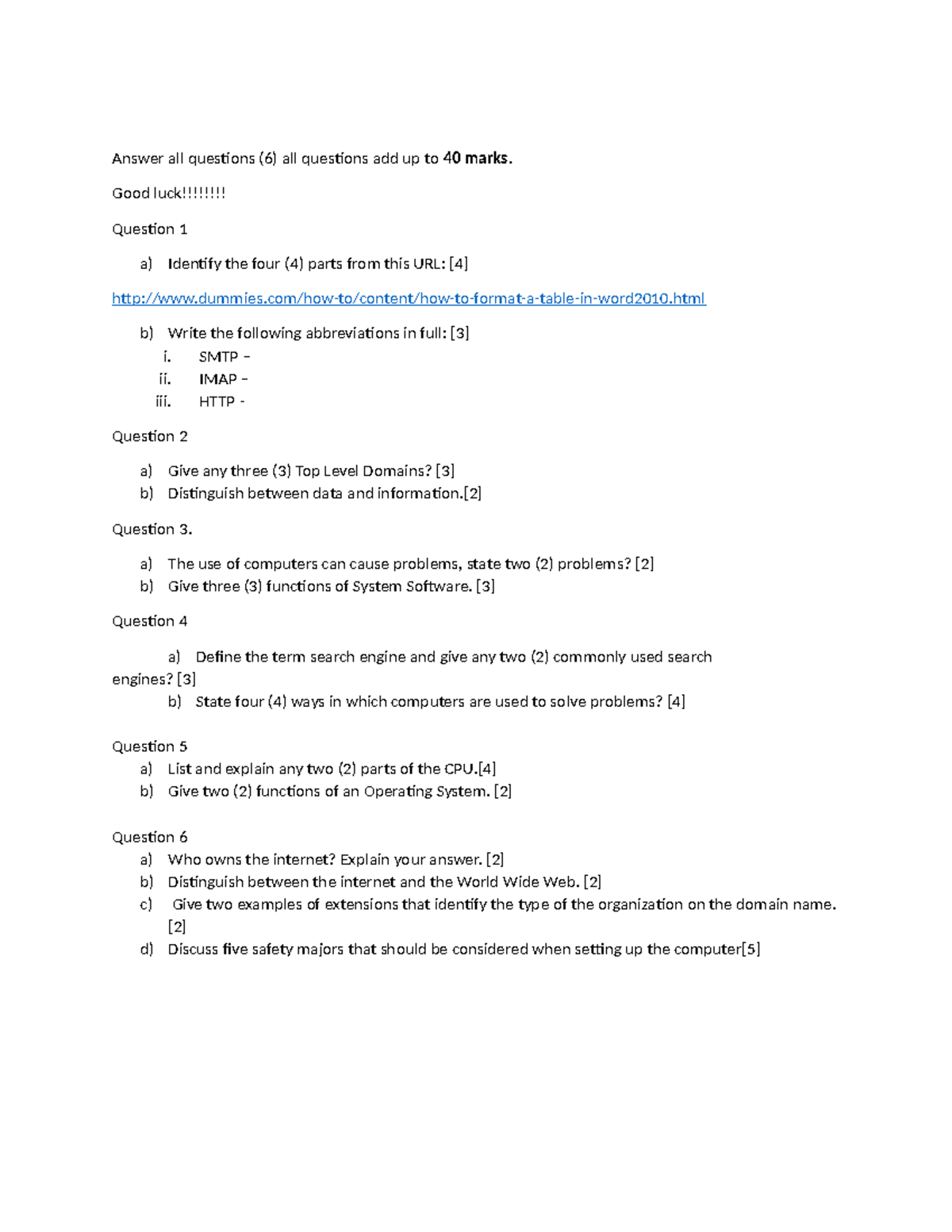 ICT TEST - tutorial - Answer all questions (6) all questions add up to ...