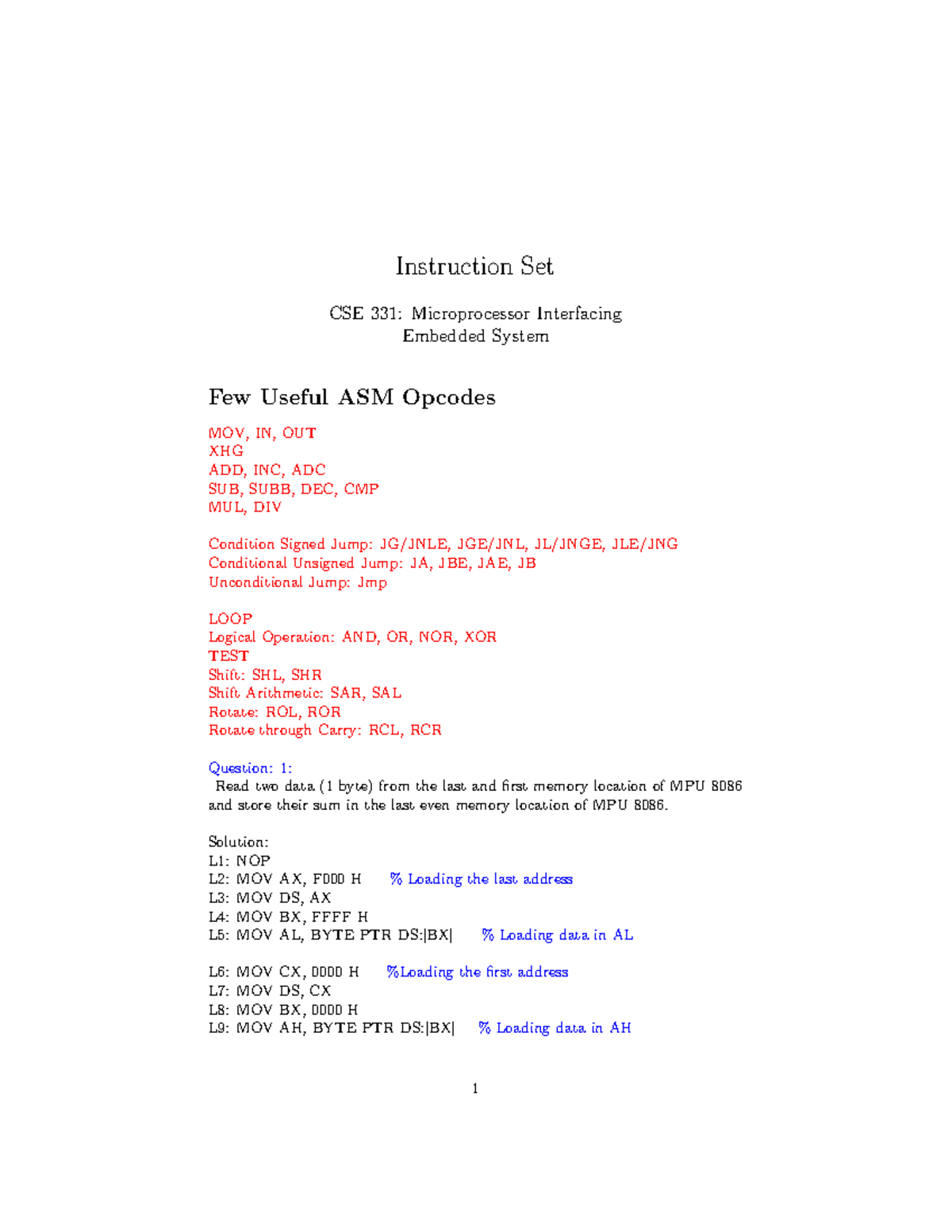 practice if needed more - Instruction Set CSE 331: Microprocessor Interfacing Embedded System ...