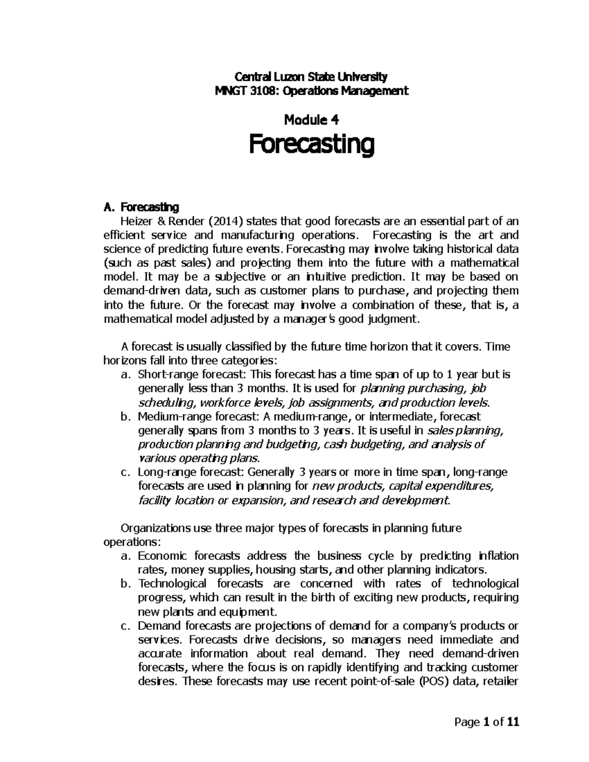 MNGT 3108 M4-Forecasting - Central Luzon State University MNGT 3108 ...