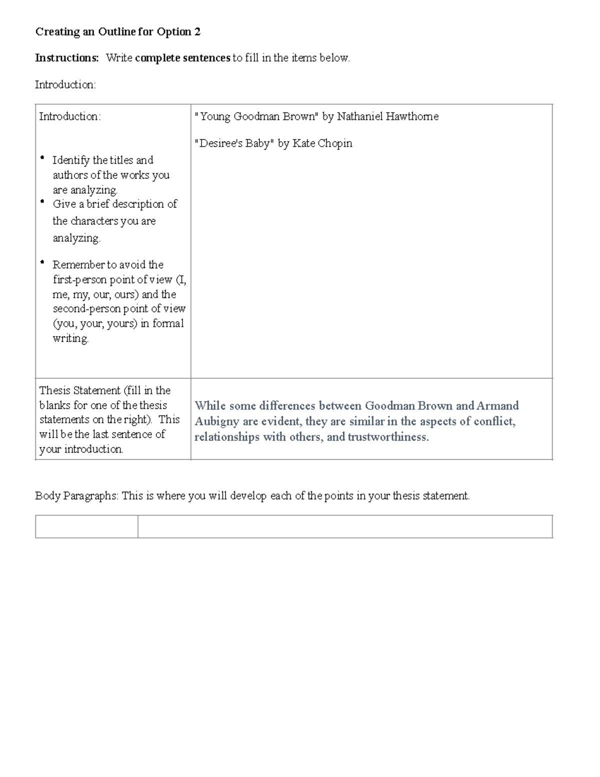 Essay outline week 2 - Creating an Outline for Option 2 Instructions ...