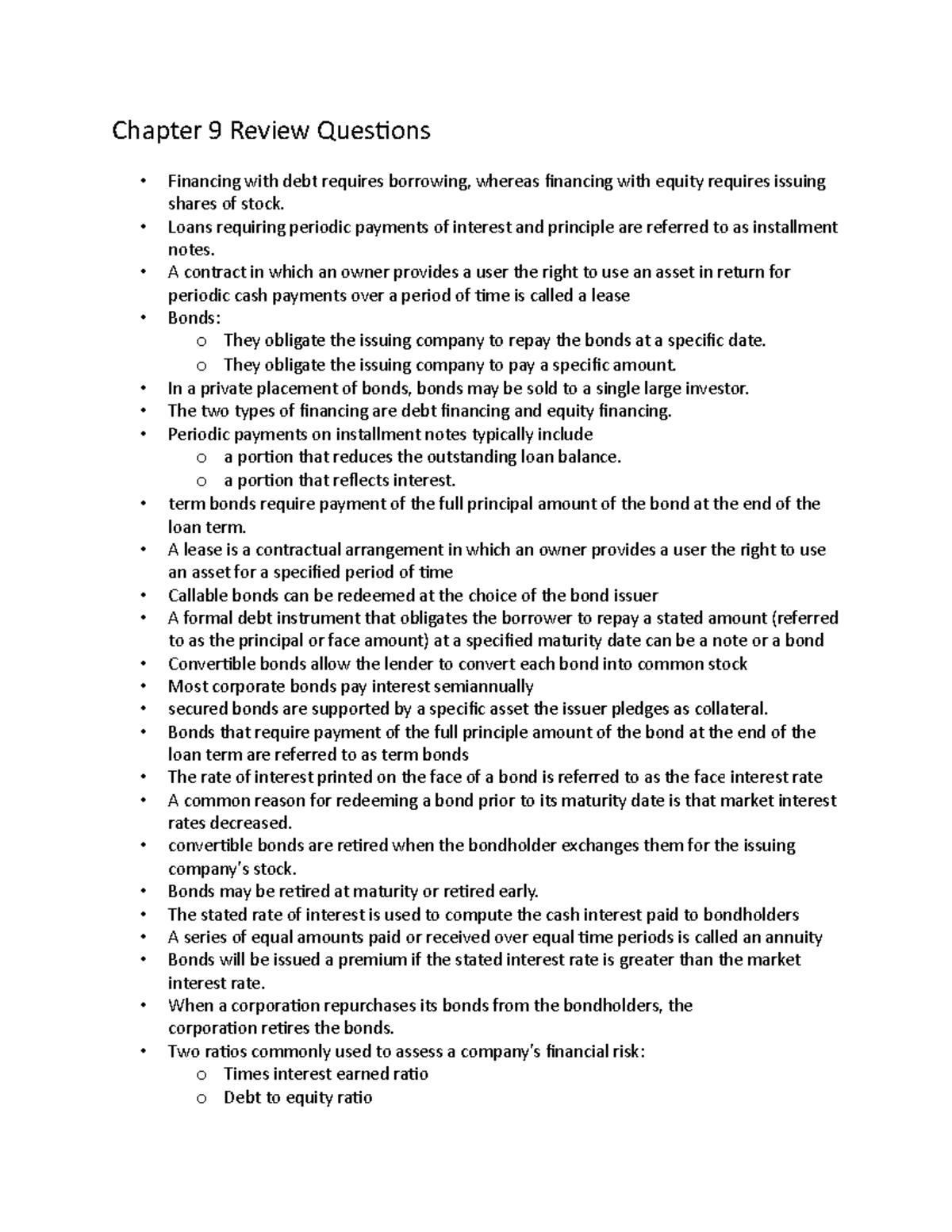Chapter 9 Review Questions-Trone - Chapter 9 Review Questions Financing ...