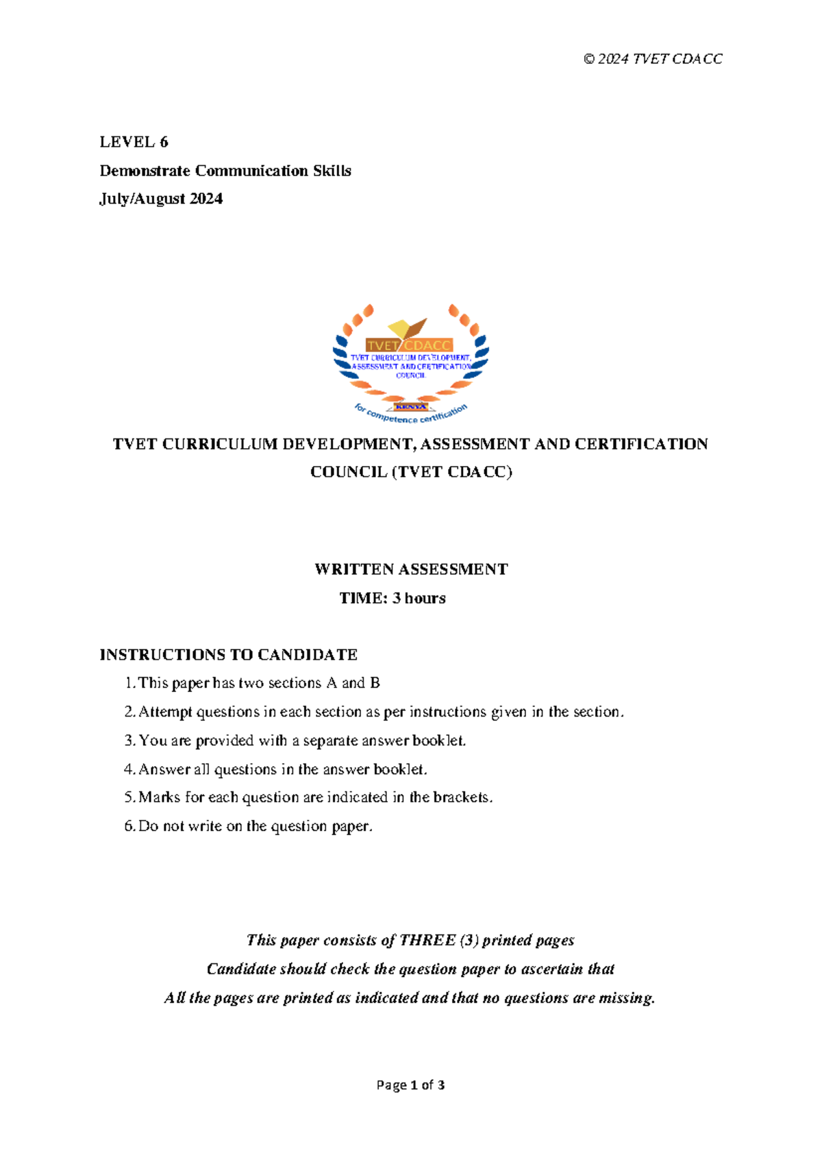 Written document - It's very good - © 202 4 TVET CDACC Page 1 of 3 ...