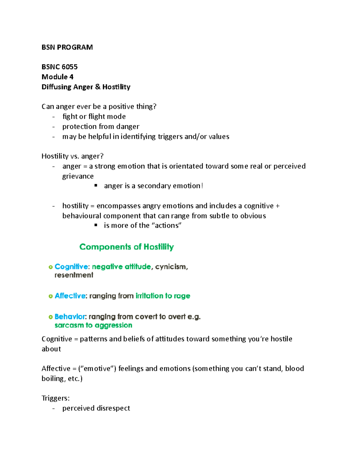 Module 4 Summary - BSN PROGRAM BSNC 6055 Module 4 Diffusing Anger ...