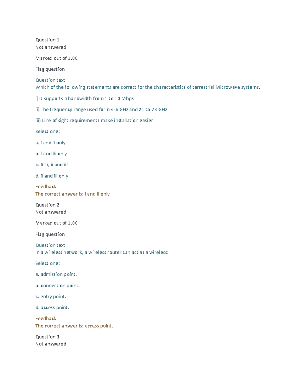 Networks 631 - Network assignment - Question 1 Not answered Marked out ...