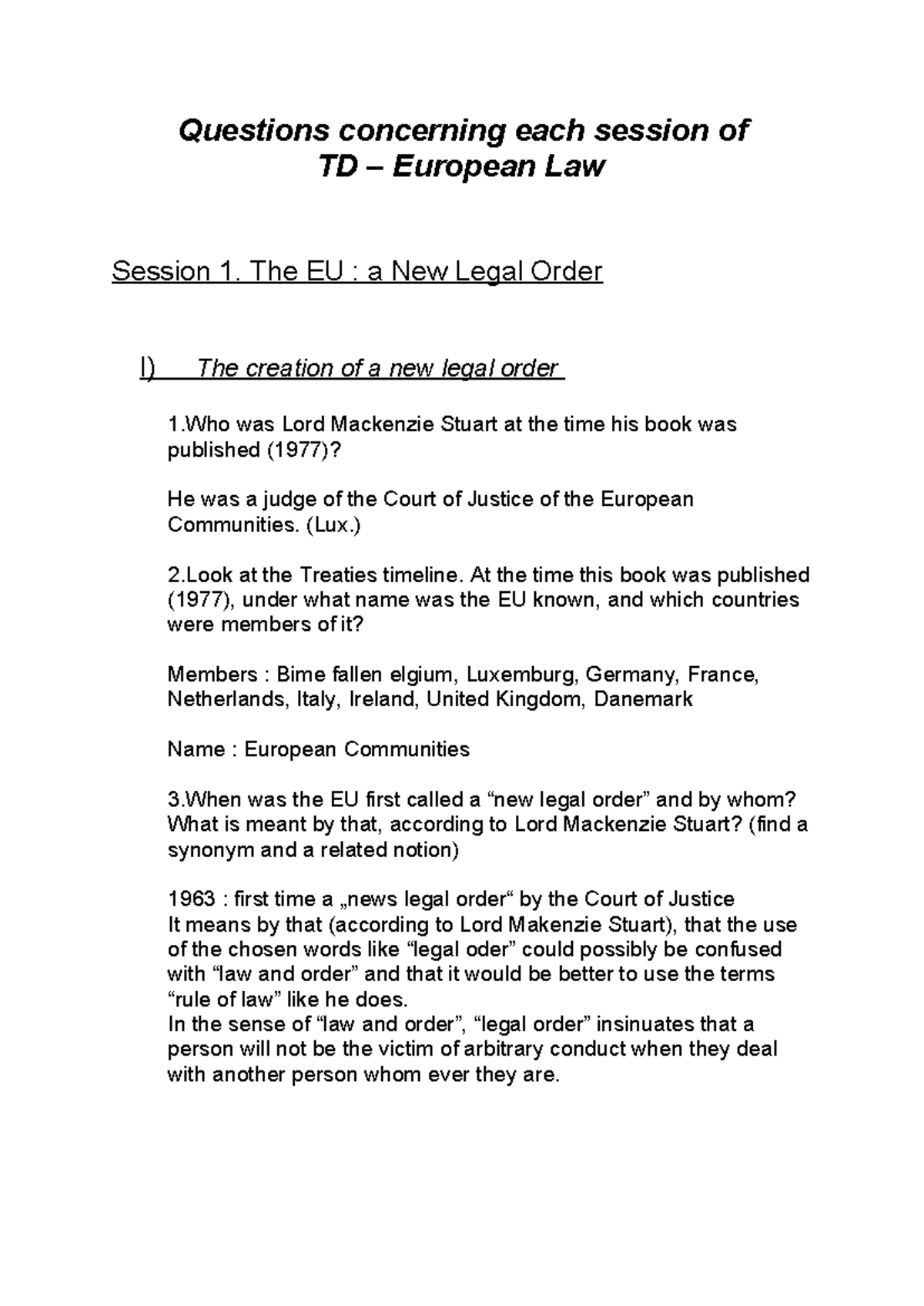 Questions & Answers for TD - European Law - Questions concerning each ...