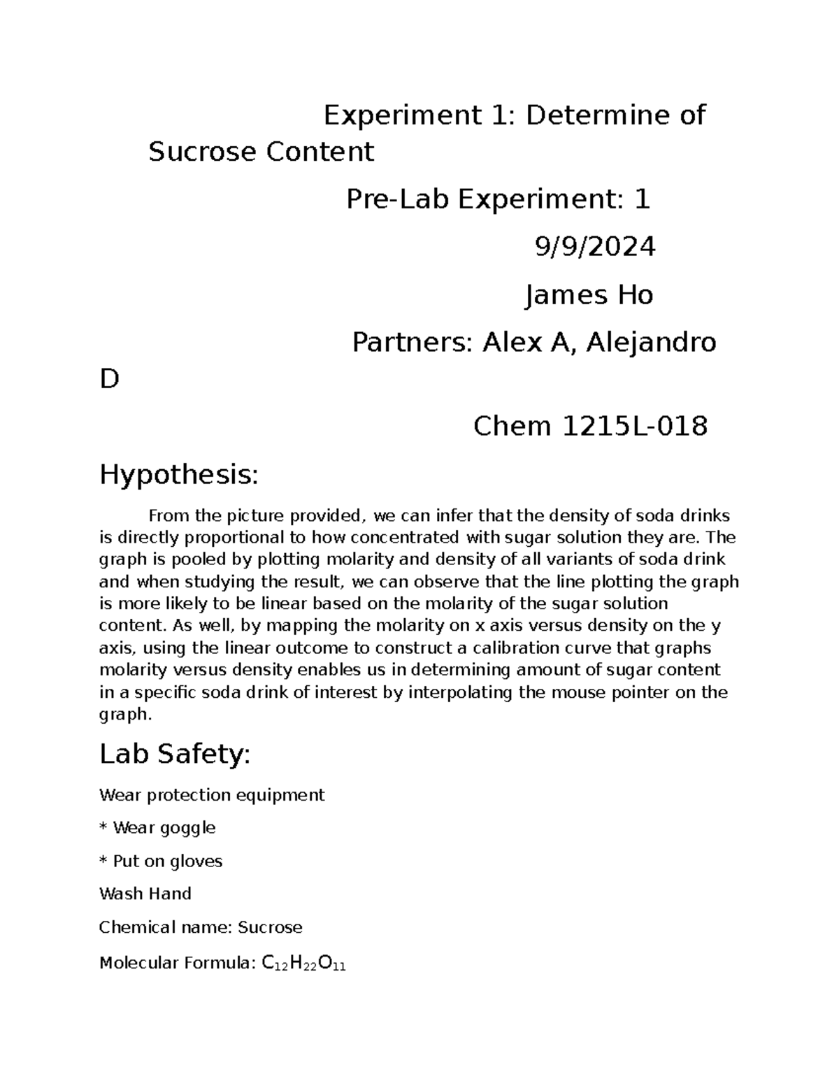 Pre-Lab1 - Pre-Lab1 - Experiment 1: Determine of Sucrose Content Pre ...
