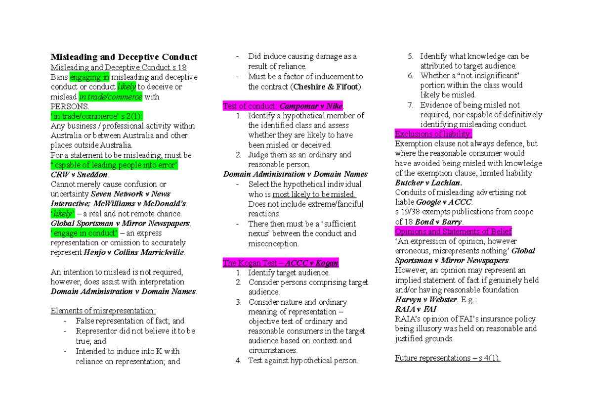 Contracts s 18 - Misleading and Deceptive Conduct Misleading and ...