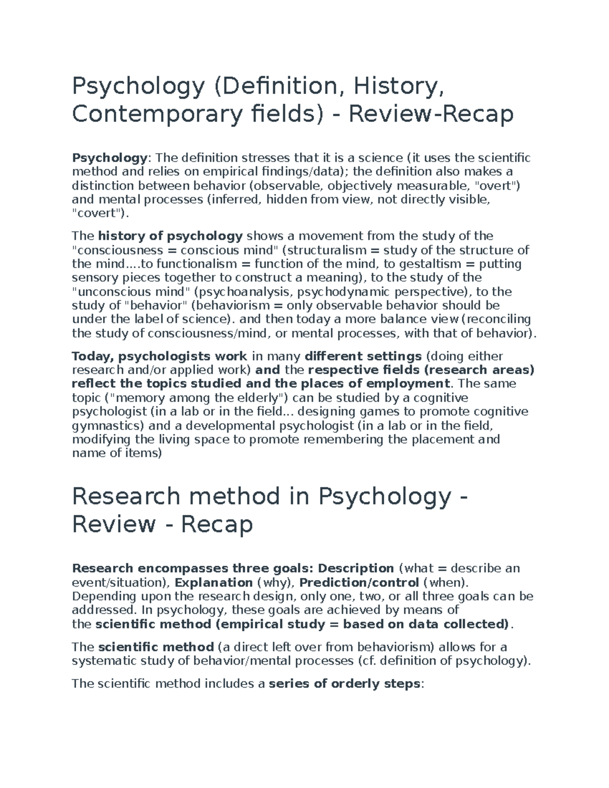 Psychology Exam #1 and #2 Review - Psychology (Definition, History ...