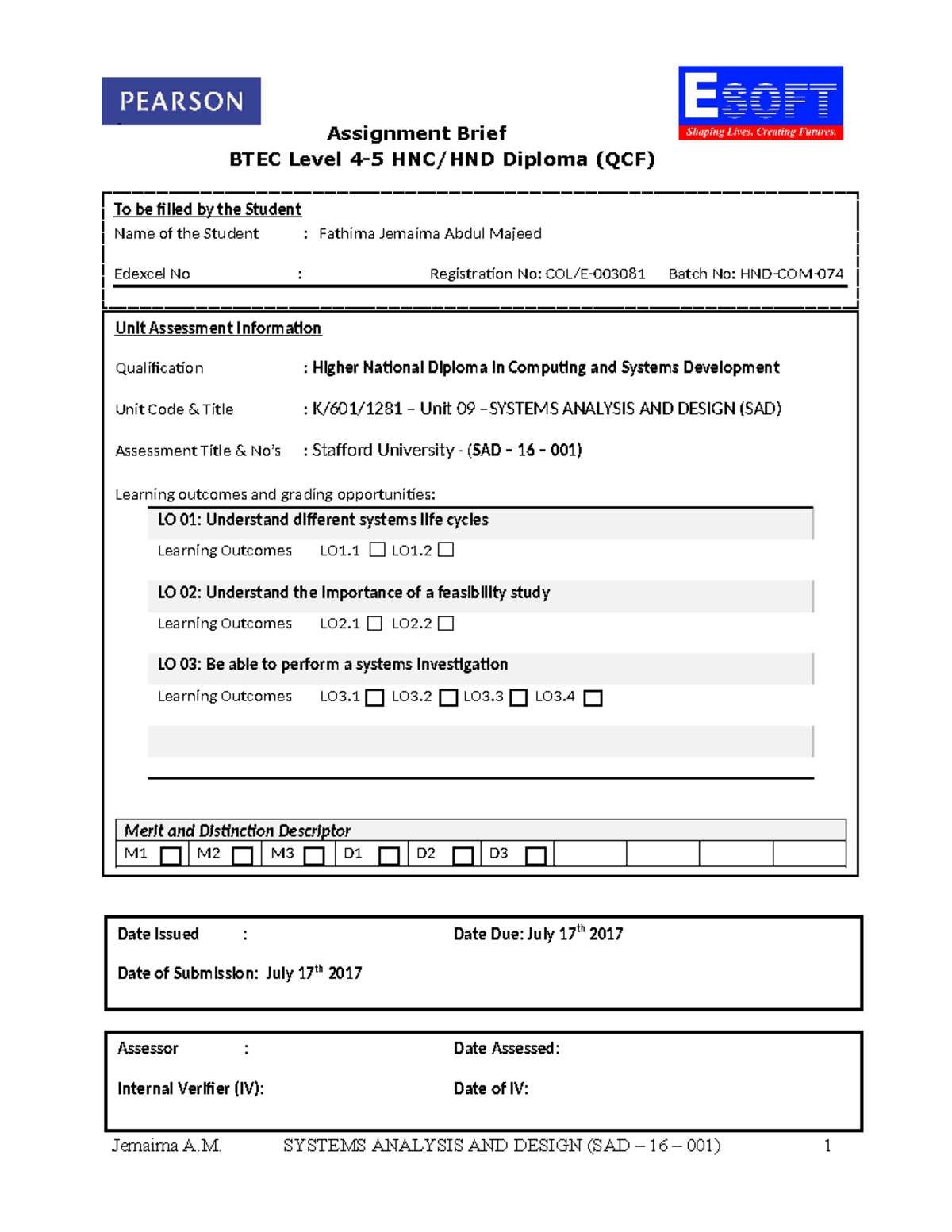HNDCom-SAD-Batch 74 - Assignment Brief BTEC Level 4-5 HNC/HND Diploma (QCF) To be filled by the ...