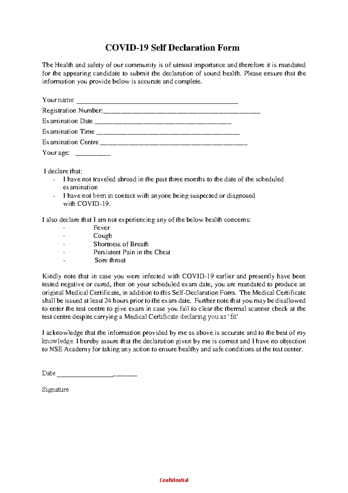 Self Declaration Form - aaA - Confidential COVID-19 Self Declaration ...