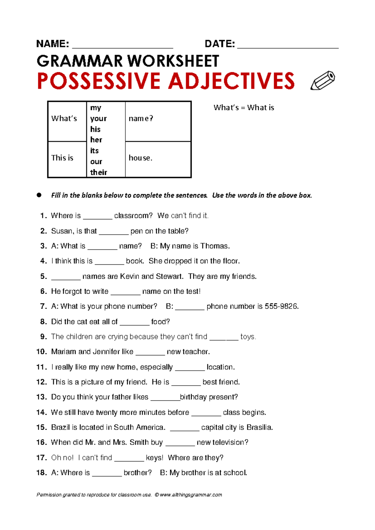 Possessive Adjectives-1 - NAME: ________________________ DATE ...