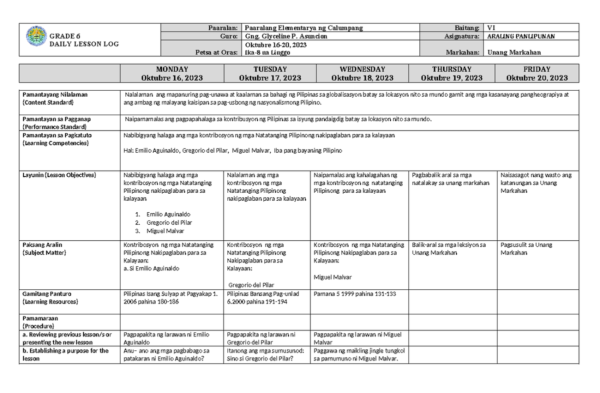 DLL Araling Panlipunan 6 Q1 W8 - GRADE 6 DAILY LESSON LOG Paaralan: Paaralang Elementarya ng ...