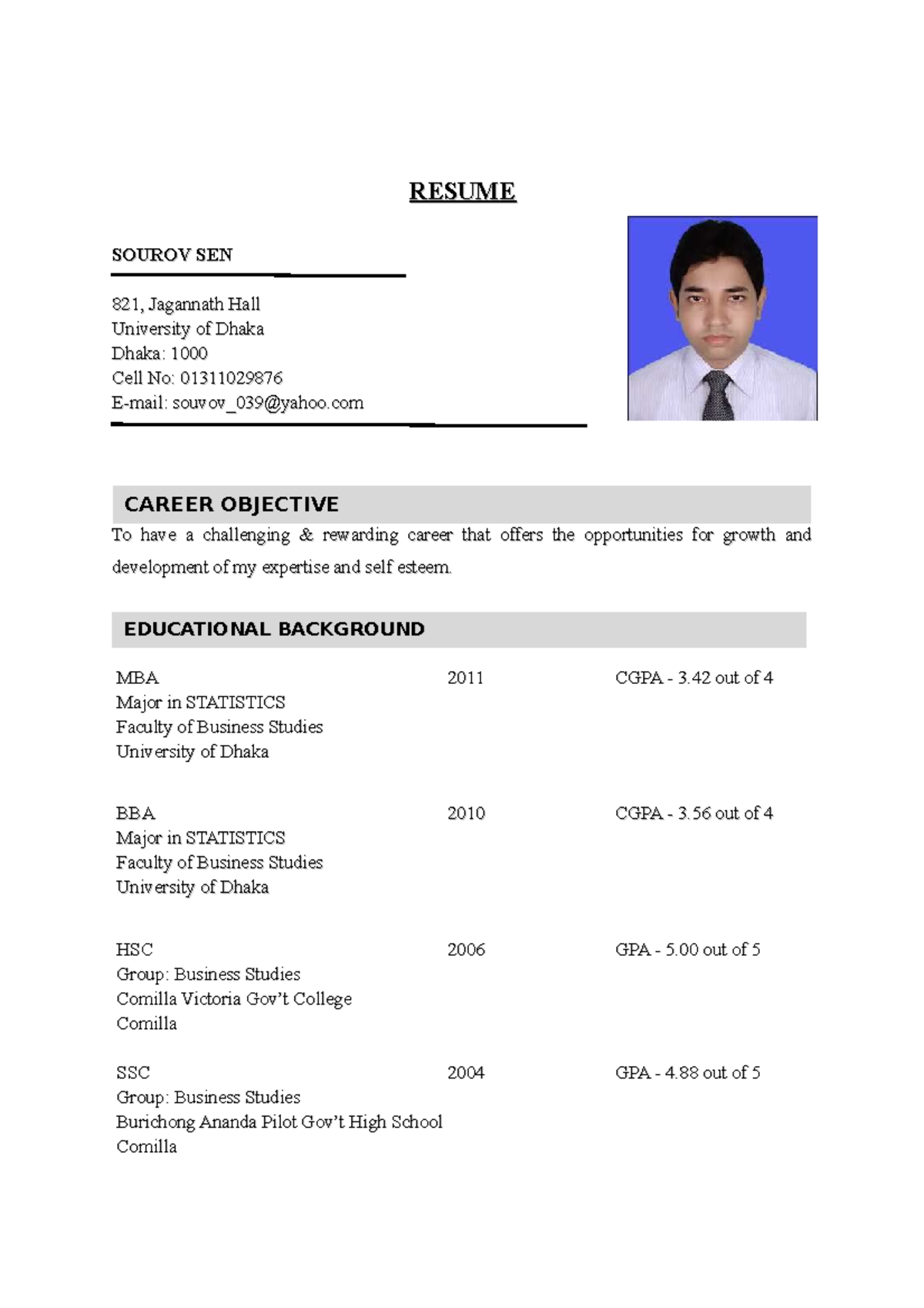 CV Resume Sample - RESUMERESUME SOUROV SENSOUROV SEN 821, Jagannath ...