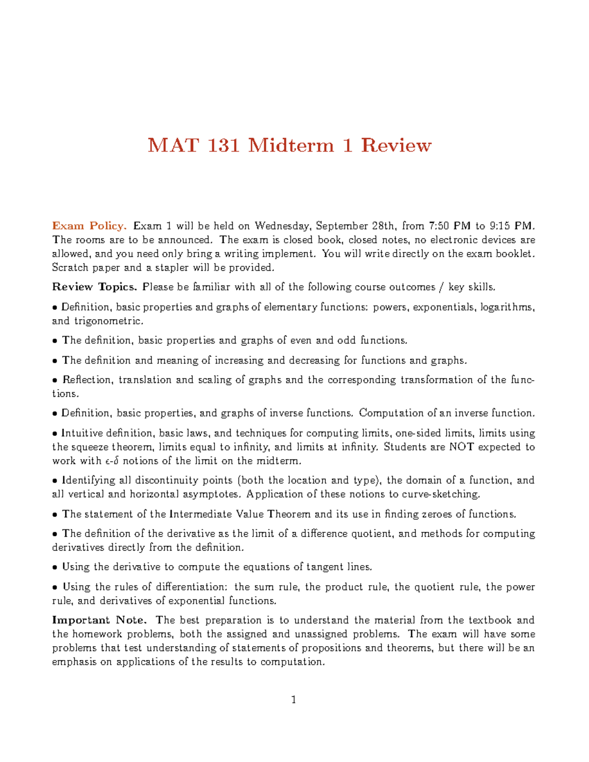 MAT 131 Midterm 1 Review Exam Policy - Studocu